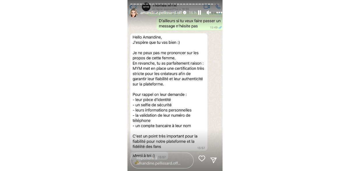 Photo : Amandine Pellissard dévoile une capture de sa conversation avec ...