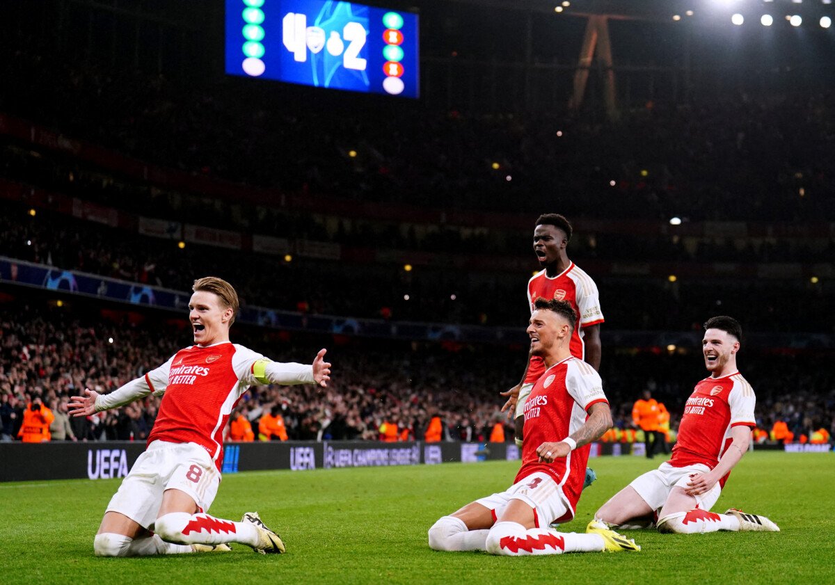 Photo : Arsenal's Martin Odegaard, Ben White, Bukayo Saka and Declan ...