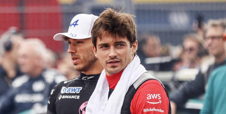 Pierre Gasly, Alpine F1 Team, and Charles Leclerc, Scuderia Ferrari, on ...