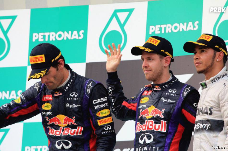 Sebastian Vettel et Mark Webber sur le podium du Grand Prix de Malaisie ...